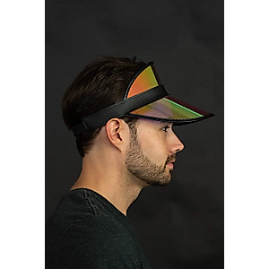 Nicky Bigs Novelties Clear Holographic Iridescent Mirrored Metallic Colored Plastic Sun Visor Tennis Beach Vegas Dealer Golf Hat, Oil Slick