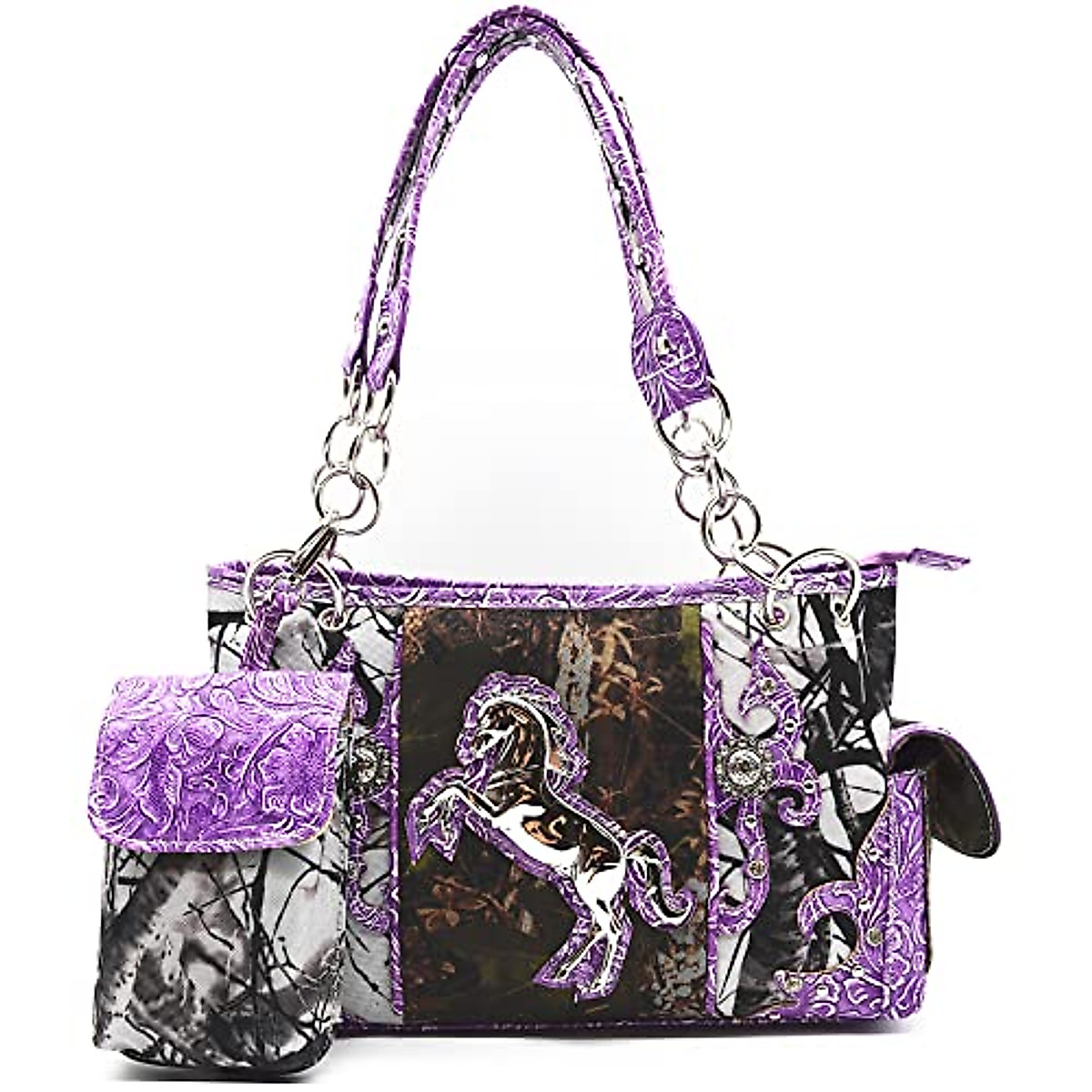 Camouflage Western Style Tote Studded Handbag Concealed Carry Purse Country Women Shoulder Bag Wallet Set (#2 Purple Set)