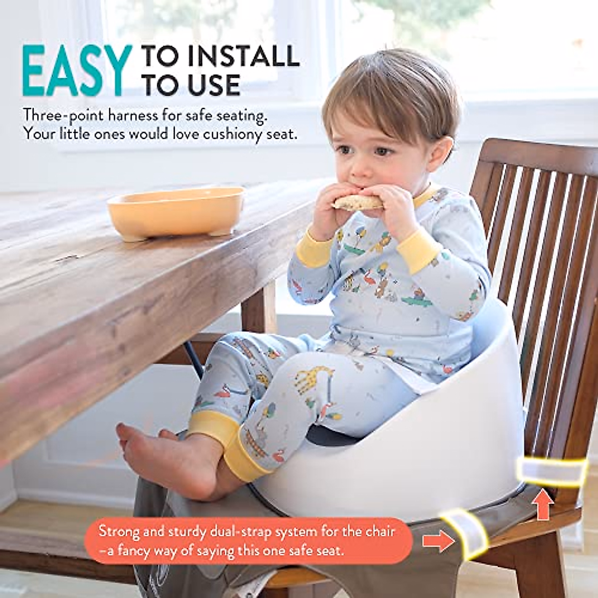 Prince Lionheart Squish Booster Seat, Gray, 3-Point Harness Dual-Strap System, Easy to Wipe Clean, Lightweight