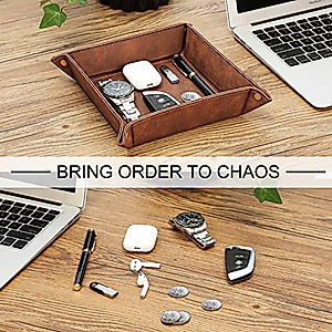 SITHON Valet Tray Desktop Storage Organizer – Premium PU Leather Catchall Tray Bedside Vanity Tray Nightstand Caddy Holder for Remote Controller, Keys, Phone, Wallet, Coin, Jewelry, Brown
