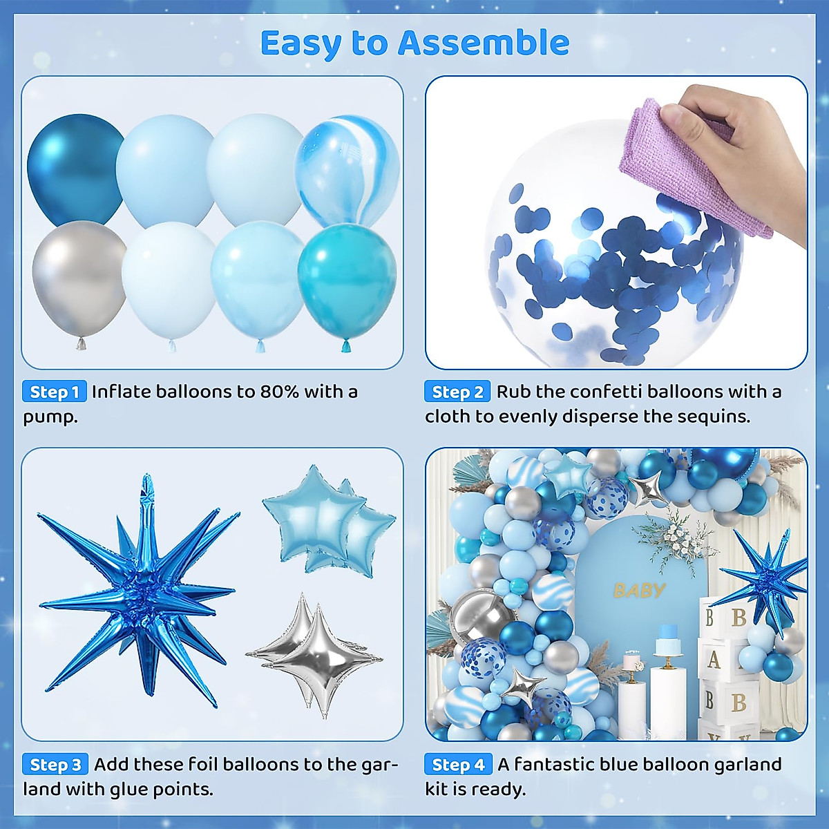 150Pcs Blue Balloon Arch Garland Kit, Boy Baby Shower Decorations Light Pastel Baby Blue Balloons 4D Star Confetti Balloon for Bridal Shower Gender Reveal Elephant Birthday Graduation Party Supplies