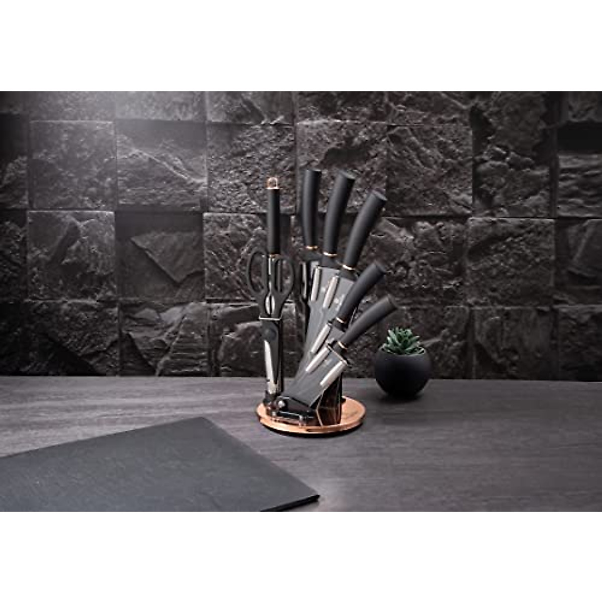 Berlinger Haus Kitchen Knife Set with Block, 8 Piece Knives Set for Kitchen, Cooking Knives with Kitchen Shears and Sharpener, Sharp Cutting Stainless Steel Chef Knife Set with Acrylic Stand, Black