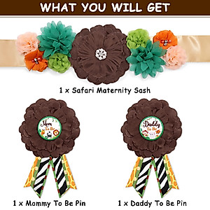 Safari Jungle Animals Maternity Sash Mom to Be Daddy to Be Corsage Set Jungle Safari Sash and Pins for Baby Shower Gender Reveal Keepsake Photo Props Pregnancy Flower Sash