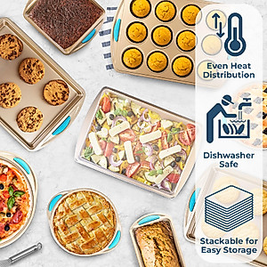 Perlli Baking Pan 10 Piece Set Nonstick Gold Steel Oven Bakeware Kitchen Set with Silicone Handles, Cookie Sheets, Round Cake Pans, 9x13 Pan with Lid, Loaf Pan, Deep Pan, Pizza Crisper, Muffin Pan