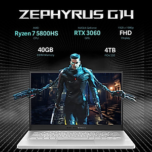 ASUS ROG Zephyrus G14 Gaming Laptop, 14" FHD 144Hz Display, AMD Ryzen 7-5800HS, NVIDIA GeForce RTX 3060 6G, 40GB RAM, 4TB PCIe SSD, Backlit Keyboard, Win 11 Pro, White, 32GB Hotface USB Card