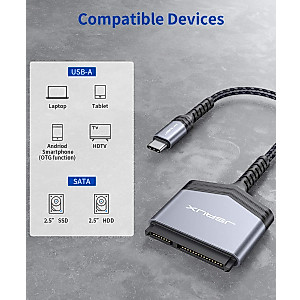 JSAUX SATA to USB C Cable, USB-C 3.1 to 2.5” SATA III Hard Driver Adapter Aluminum Shell External Converter for SSD/HDD Data Transfer-Grey