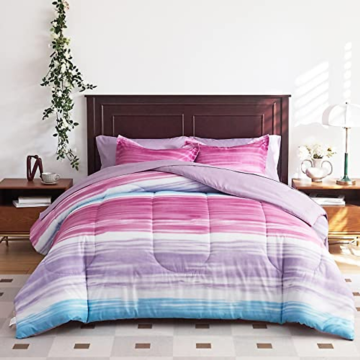 Flysheep 7 Pieces Bed in a Bag King Size, Gradient Purple Red Teal Ombre Boho Striped Comforter Sheet Set, Vibrant Clolorful Patchwork Rainbow Bohemian Bedding Set for All Season
