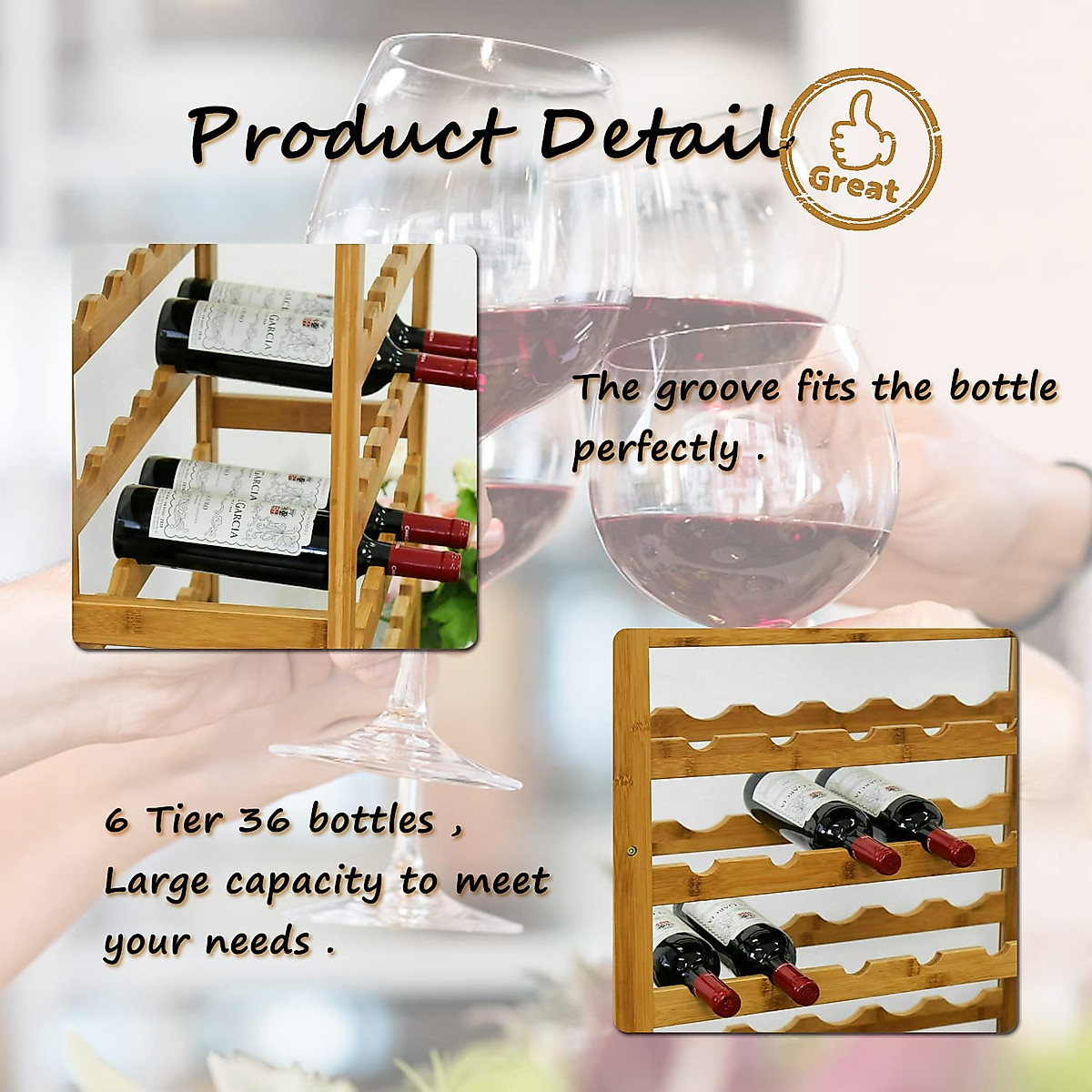 Kinfant Wine Rack Bamboo Liquor Cabinet - 36 Bottle Wine Storage Shelf Displayer Standing Floor 6 Shelves with Drawer