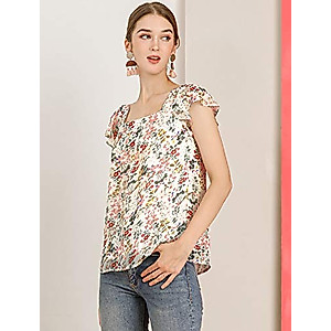 Allegra K Women's Chiffon Ruffle Sleeve Top Layered Vintage Ditsy Floral Blouse Large White