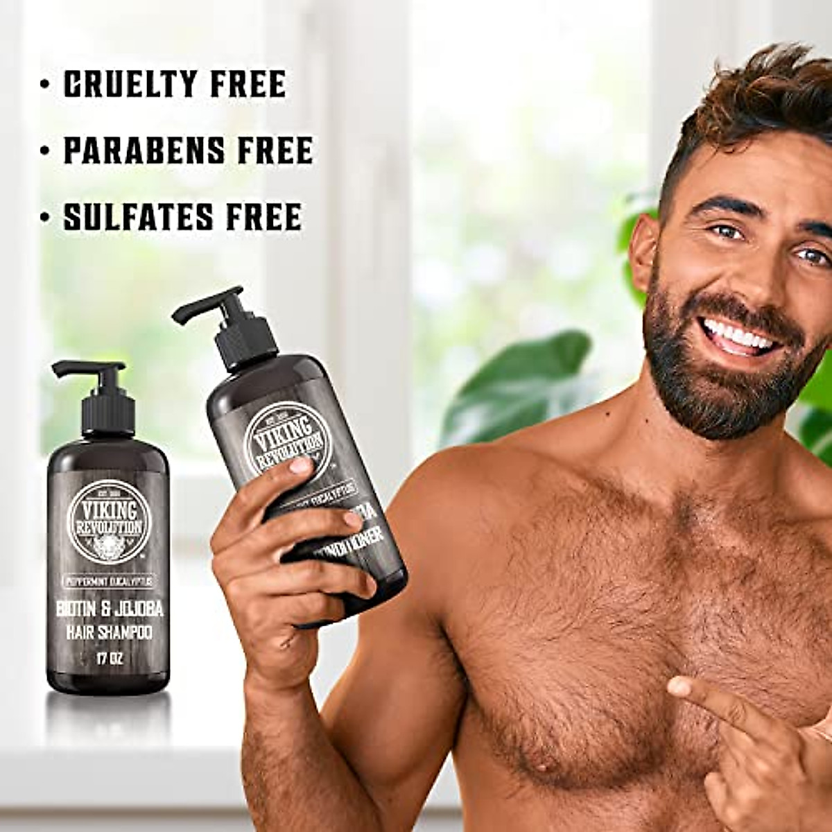 Viking Revolution Biotin Mens Shampoo and Conditioner Set - Eucalyptus and Peppermint Shampoo and Conditioner Set with Jojoba Oil and Mint Oil - Peppermint Oil Hair Conditioner for Men (17 Oz)