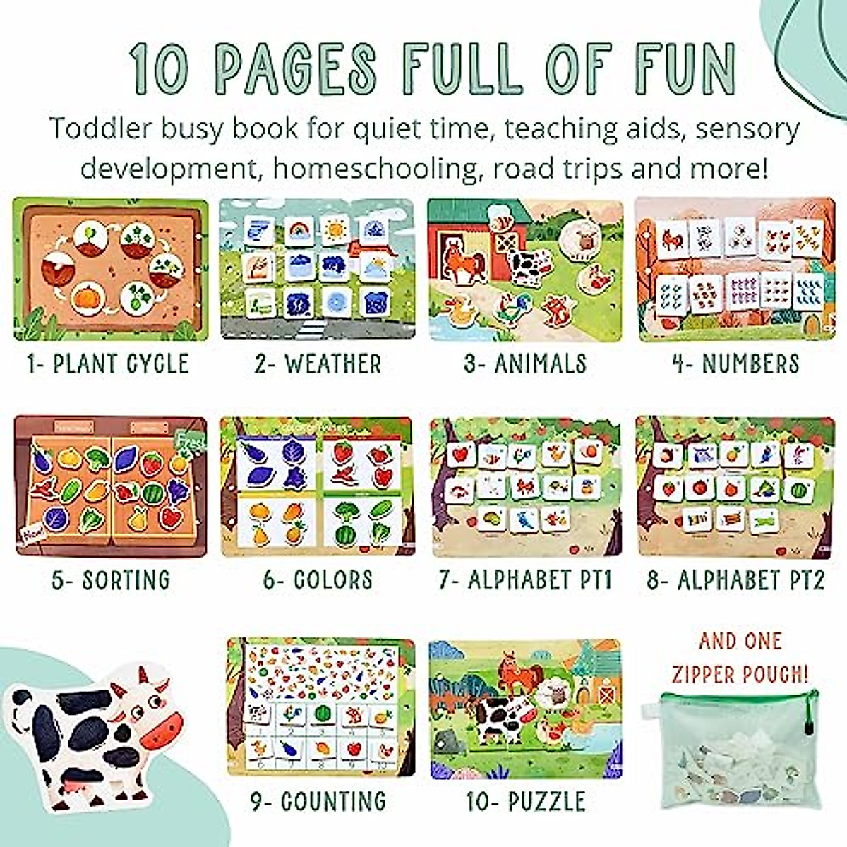 SpiritnSprout Montessori Busy Book for Toddlers 1-3 - Preassembled Busy Books for Toddlers 3-4 W/Zipper Pouch - Quiet Books for Toddlers 3-5 - Farm Montessori Busy Book Road Trip Activities for Kids