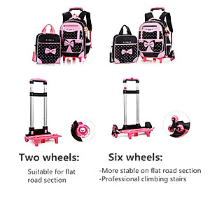 Bowknot Kids Rolling School Backpack 2Pcs Polka Dot Princess Style Trolley Bookbag on Six Wheels