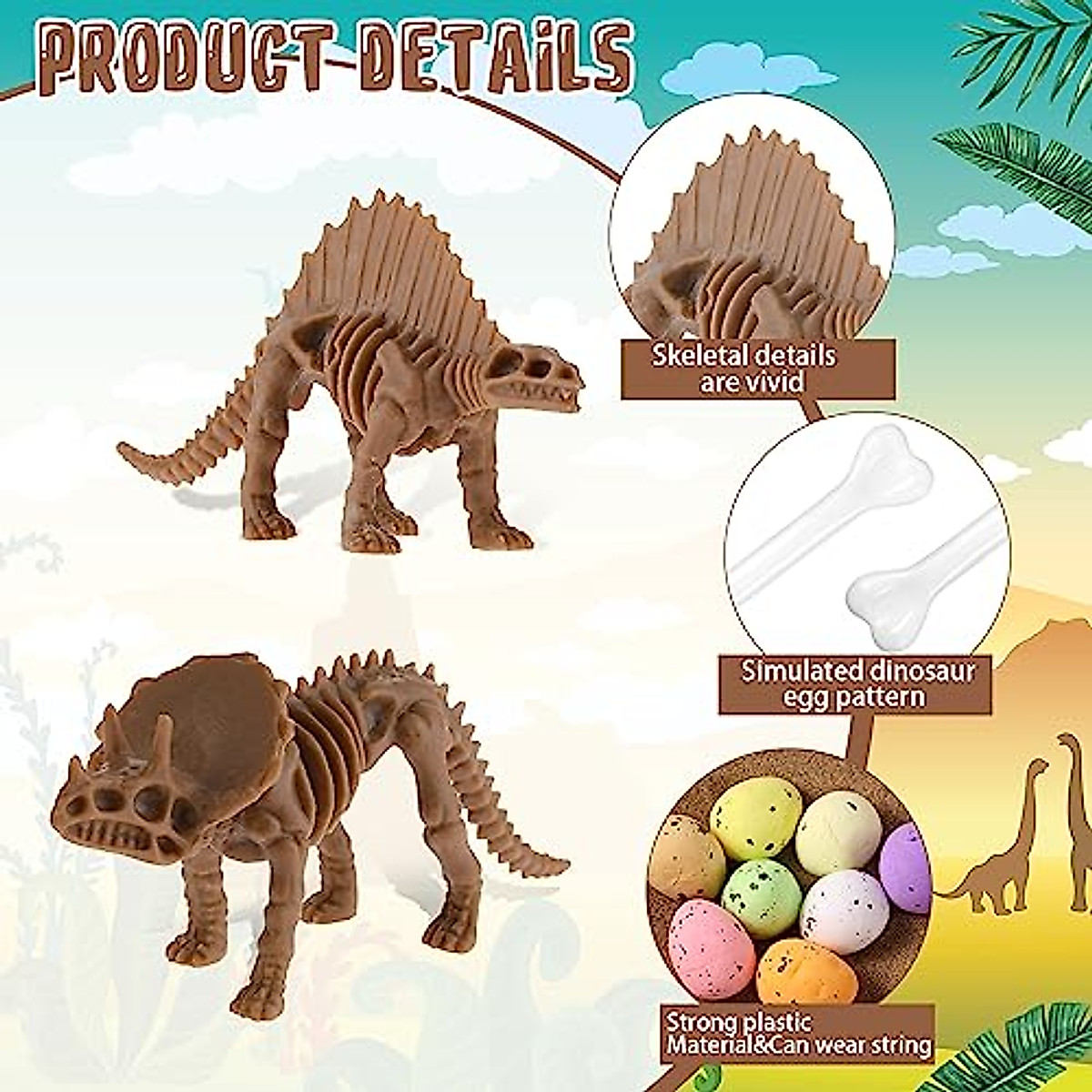 24 Pcs Dinosaur Fossil Skeleton Dino Bones Dino Sand Dig Colorful Foam Dinosaur Eggs and 4 White Plastic Bones Toys for Kids Science Play Dino Sand Dig Halloween Party Decor Supplies (Dark)