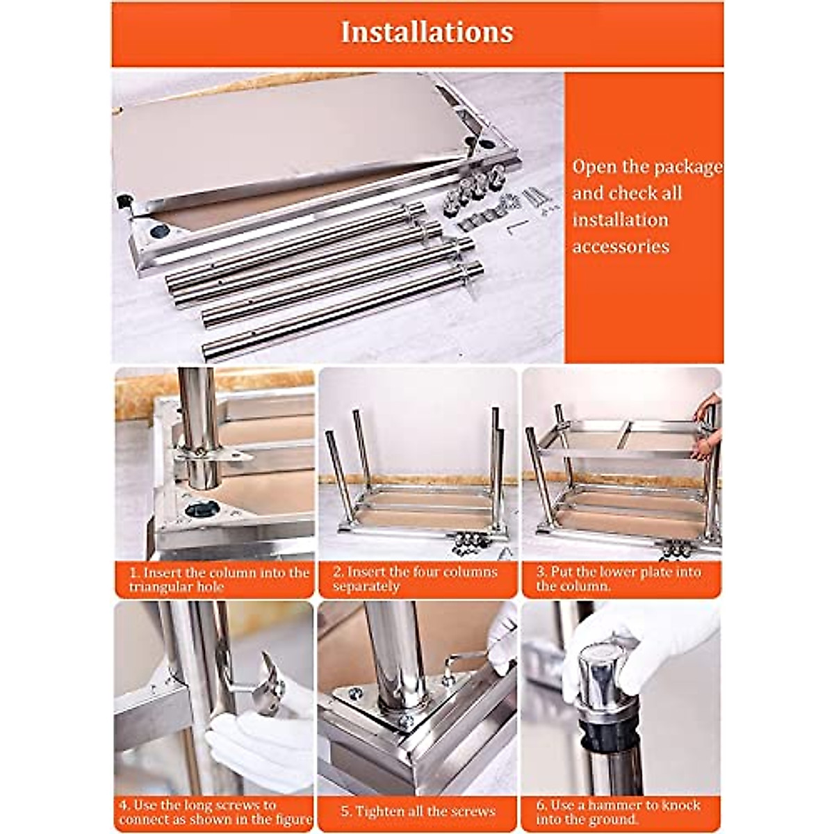 Commercial Kitchen Work Catering Table for Hotel, Kitchen Work Table Commercial Stainless Steel Worktable Work Bench with Adjustable Table Foot Scratch Resistent Rack (Size : 80x80x80cm)