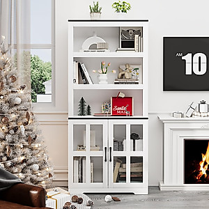 LUMIINOFAMI Bookshelf with Cabinet, 68.9'' Book Shelf with Door 5 Tier Farmhouse Bookshelf with Glass Window, Wood Bookcase Bookshelves Kitchen Pantry for Living Room Home Office Kitchen (White)