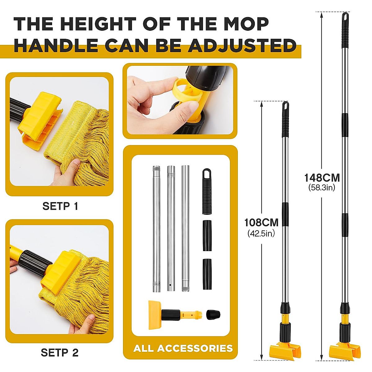 Thyle 6 Pack Stainless Steel Commercial Mop Handle for Floor Cleaning, 3 Section Replaceable Mop Stick Replacement with Jaw Clamp, Heavy Duty Mop Head Replacement Pole for Home Garage Office, 60 Inch