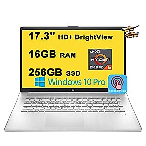 HP 17 Laptop Computer 17.3" HD+ Touchscreen AMD 6-Core Ryzen 5 5500U (Beats i7-1160G7) 16GB RAM 256GB SSD AMD Radeon Graphics USB-C Up to 7 Hours of Battery Life Win10Pro Silver + HDMI Cable