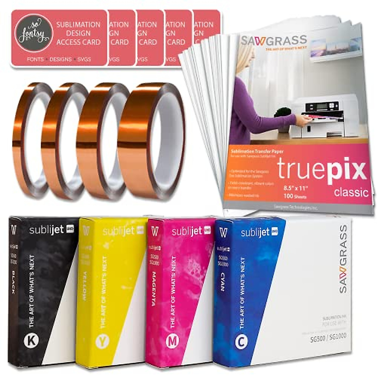 Sawgrass SubliJet UHD Inks SG500 & SG1000 4 Pack with Sublimation Paper, 4 Rolls of Tape, & Designs