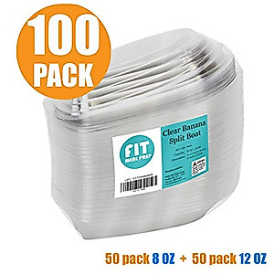 Fit Meal Prep [100 Pack] Banana Split Boat Plate 8oz and 12oz - Clear PET Plastic Disposable Ice Cream Sundae Splits Bowl Tray for Gelato Parlors, Cafes, Parties, Home and Restaurants
