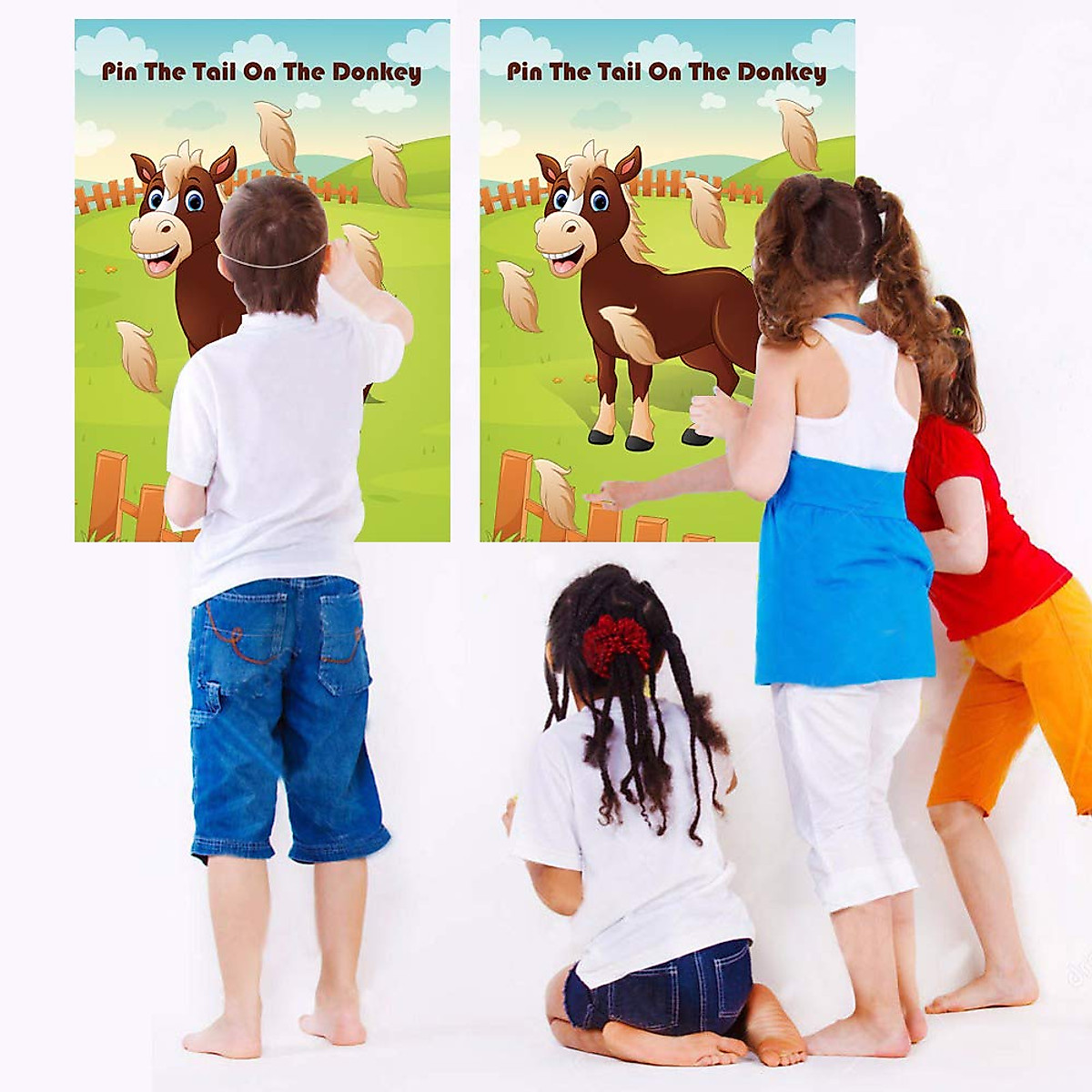 Hxezoc Pin The Tail On The Donkey Party Game with 30 Pcs Tails Large Donkey Games Poster for Kids Birthday Party Carnival Party Supplies