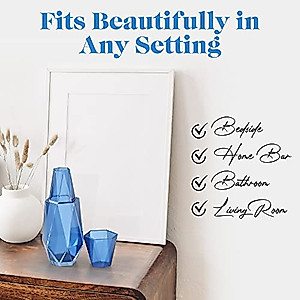 Modern Geometric Bedside Carafe | 2-Piece Set - Bedside Water Carafe | Glass Carafe with Cup that Doubles as Lid | Bedside Water Carafe and Glass Set in Blue (37oz)