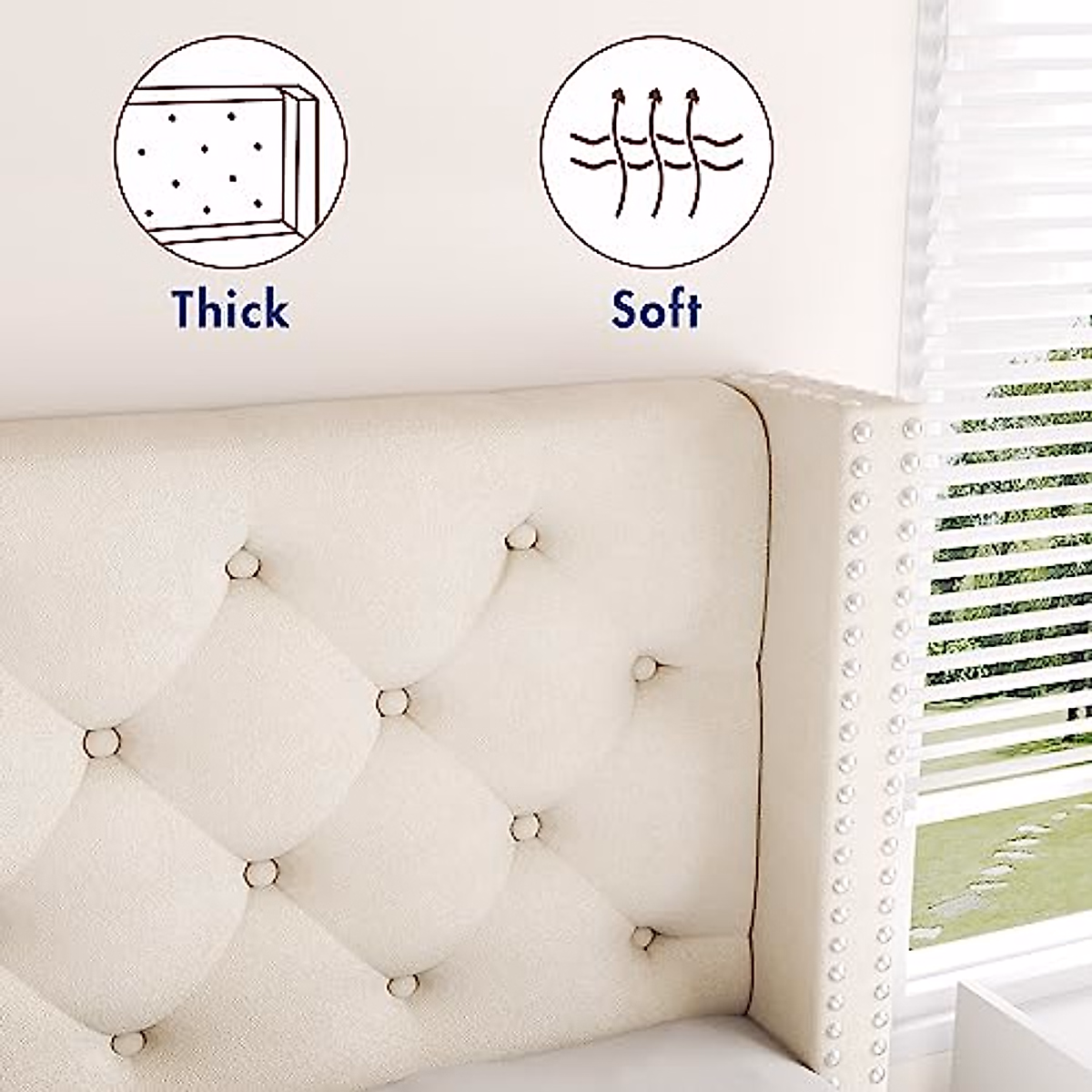 Lonkwa Queen Size Bed Frame with Upholstered Wingback, Beige Platform Bed Frame with Headboard Tufted Diamond Button, Sturdy Wooden Slats, Noise-Free, Easy Assembly