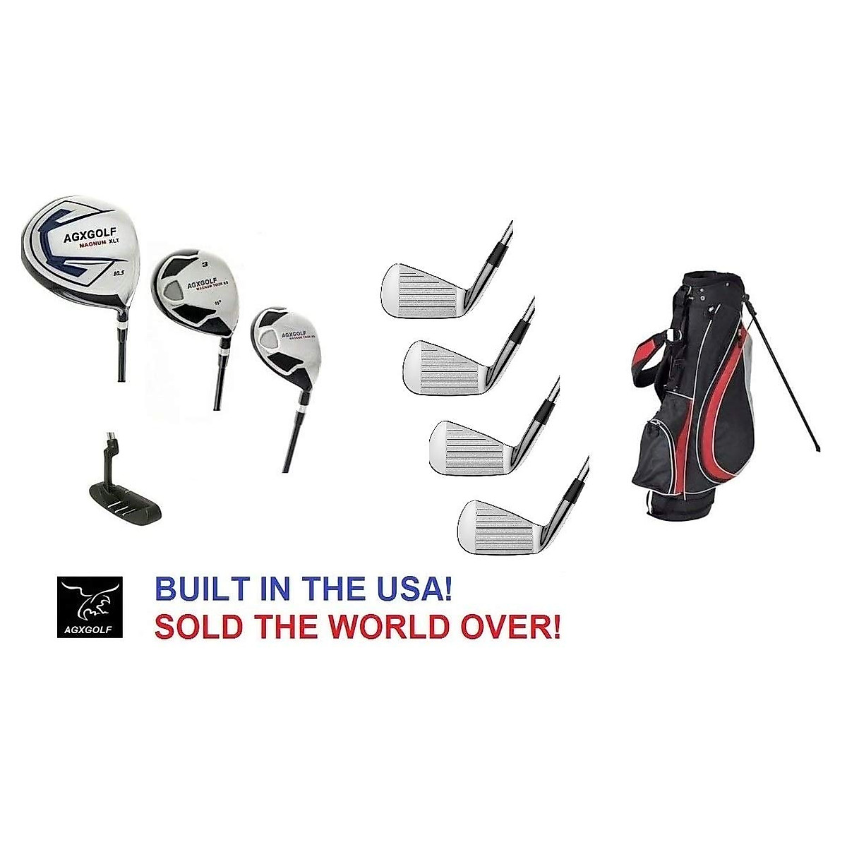 AGXGOLF Men's Magnum Executive Edition Golf Club Set w/Stand Bag; Right Hand: X Tall (+2") Length; Graphite Woods; 4, 6, & 8 Irons + Pitching Wedge + Free Putter; USA Bilt