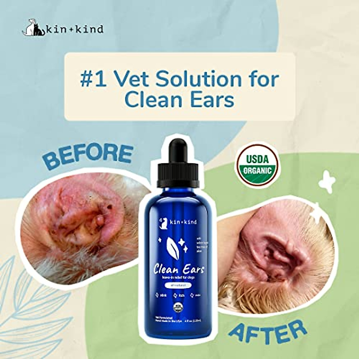 kin+kind Organic Ear Cleaner for Dogs - Made in The USA - Easy to Use & Mess-Free Dog Ear Drops for Wax, Odor, & Itchy Dog Ears w/Witch Hazel, Tea Tree Oil, & Aloe Vera - Ear Wash for Dogs(4 fl oz)