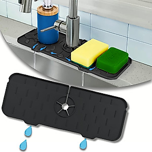 Crystonic Faucet Sink Splash Guard Drain Mat, Dish Soap Sponge Dispenser Brush Holder, Kitchen Bathroom Gadgets & Accessories, Soft & Non-Slip Premium Silicone－Black (14.33" x 5.51")