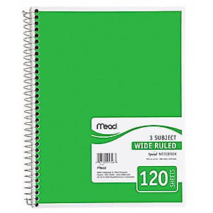 Mead Spiral Notebook, 3 Subject, Wide Ruled Paper, 120 Sheets, 10-1/2 x 7-1/2 inches, Color Selected For You (05746)