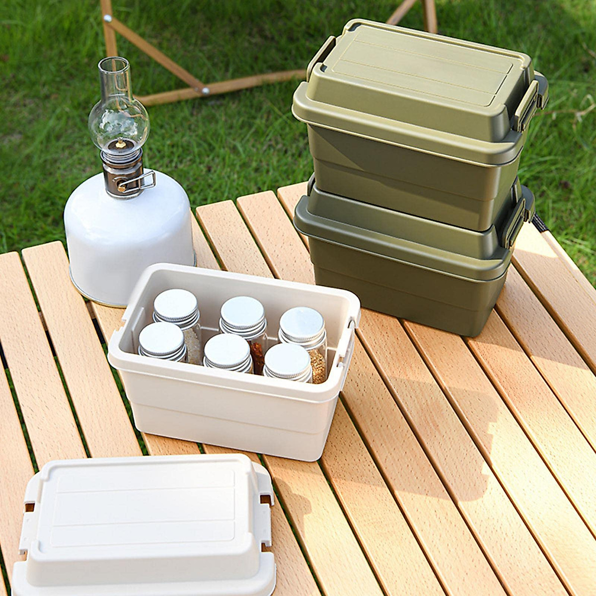 Almencla Stackable Outdoor Storage Box Hiking Waterproof Basket Picnic Camping Car Trunk Organizer for Traveling, Backpacking, Fishing, BBQ, Barbecue, Green, Medium