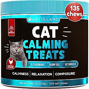 Hemp Cat Calming Treats - Cat Anxiety Relief - Storm Anxiety, Сomposure, Grooming, Separation, Travel - Calming Aid for Cats with Hemp Oil, L-Theanine - Cat Melatonin - Made in USA - 135 Soft Chews