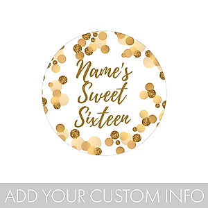 Personalized White and Gold Sweet 16 Birthday Party Favor Stickers with Name - Custom Envelope Seals, Bag Stickers - 1.75 in. Round - 40 Labels
