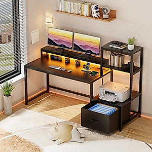 GreenForest Office Desk with Power Outlets and Printer Shelf, 59 inch Computer Desk with LED and Drawer, Reversible Gaming Desk with Storage for Home Study Working,Black