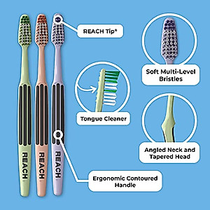REACH Advanced Design Toothbrush with Soft BRISTLES and Toothbrush Cap, 1 Count