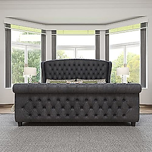 AMERLIFE Queen Size Platform Bed Frame, Velvet Upholstered Sleigh Bed with Scroll Wingback Headboard & Footboard/Button Tufted/No Box Spring Required/Grey