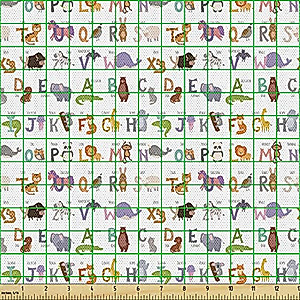 Ambesonne Alphabet Fabric by The Yard, Pattern of Animals and First Letters Learning Themed Image, Decorative Fabric for Upholstery and Home Accents, 1 Yard, White