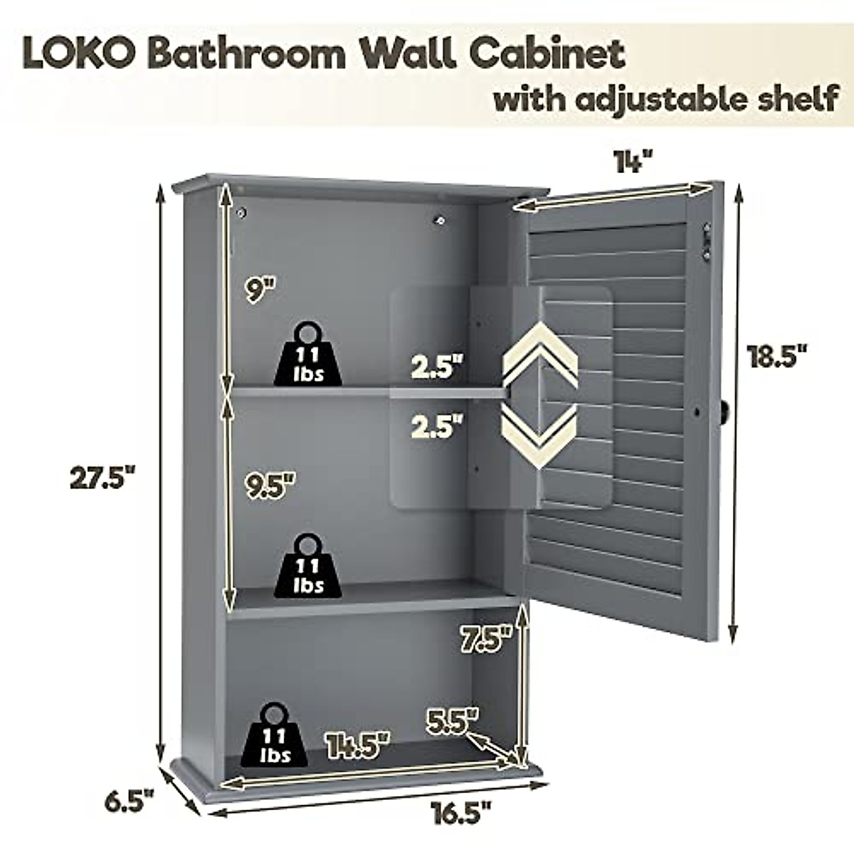 LOKO Bathroom Wall Cabinet, Bathroom Cabinet Wall Mounted with Single Shutter Door and Adjustable Shelf, Small Medicine Cabinet for Living Room, Kitchen or Entryway, 16.5 x 6.5 x 27.5 inches (Grey)