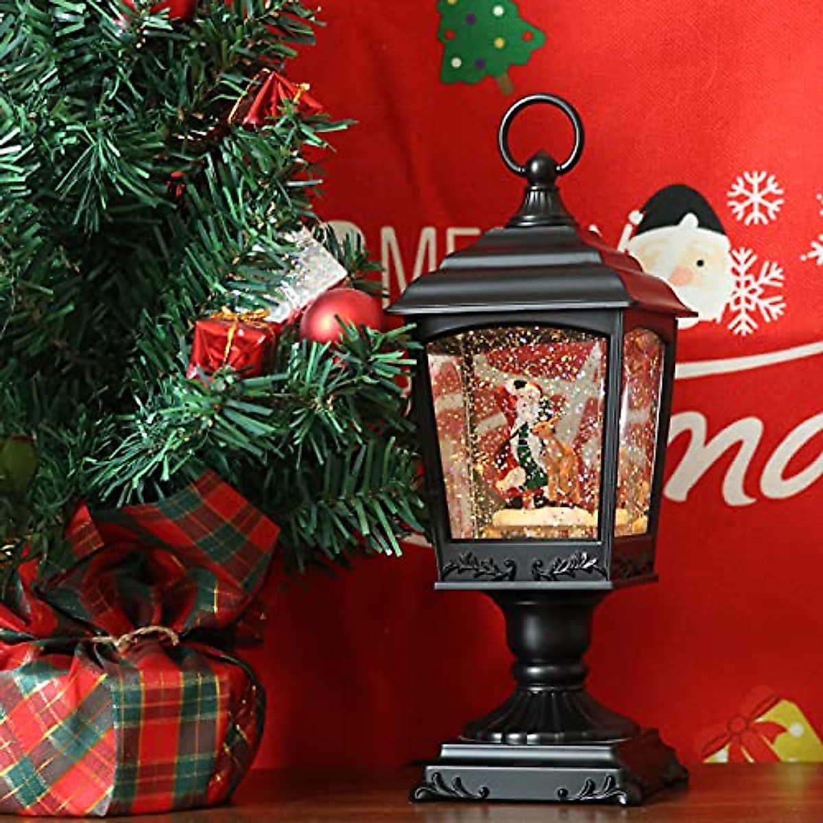 DRomance Christmas Snow Globe Lantern with Musical and Timer, Battery Operated and USB Cable Santa Light up Spinning Water Glitters Snow Globe Decoration(USB Included)