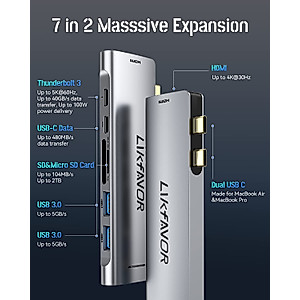 LIKFAVOR USB C Hub, 7-in-2 Type-C Docking Station, USB to HDMI Dongle for MacBook Pro/Air, PD 3.0 Charging, Multiport Adapter with 4K HDMI, SD/TF, and Thunderbolt 3 100W, 40Gbps Data Transfer