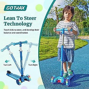 Gotrax KS1 Kids Kick Scooter, LED Lighted Wheels and 3 Adjustable Height Handlebars, Lean-to-Steer & Widen Anti-Slip Deck, 3 Wheel Scooter for Boys & Girls Ages 2-8 and up to 100 Lbs (Blue)