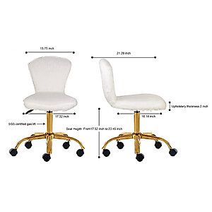 LEEJAY Cute Fuzzy Desk Chairs for Granddaughter Teen Girls, White and Gold Vanity Chair, Fluffy Task Chair for Makeup Room, Furry Chair with Golden Legs, Granddaughter Gifts from Grandma