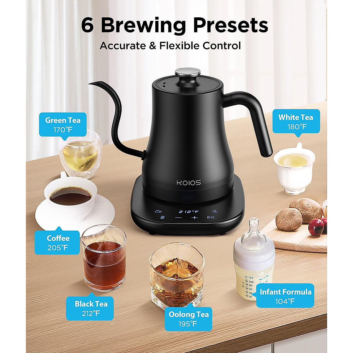 Gooseneck Electric Kettle with Temperature Control, 27oz/0.8L Fast Heat Electric Kettle for Pour Over Coffee/Tea, Auto Shut Off & Boil-Dry Protection, 4hrs Keep Warm, Stainless Steel Inner,Matte Black