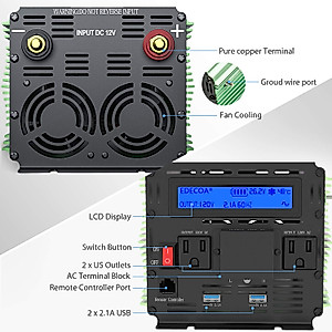 EDECOA 24V 3000 Watt Power Inverter DC 24V to AC 110V 120V 3000W Power Converter with LCD Display and Dual USB Remote