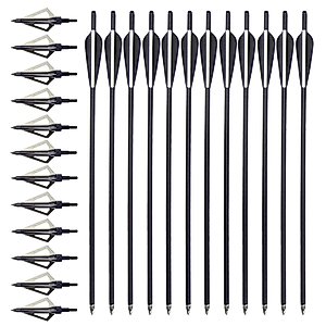 VNAKER 20 Inch Carbon Crossbow Bolts 12 Pack and Hunting Broadheads 12 Pack, Carbon Crossbow Arrows for Hunting and Outdoor Practice(Black)