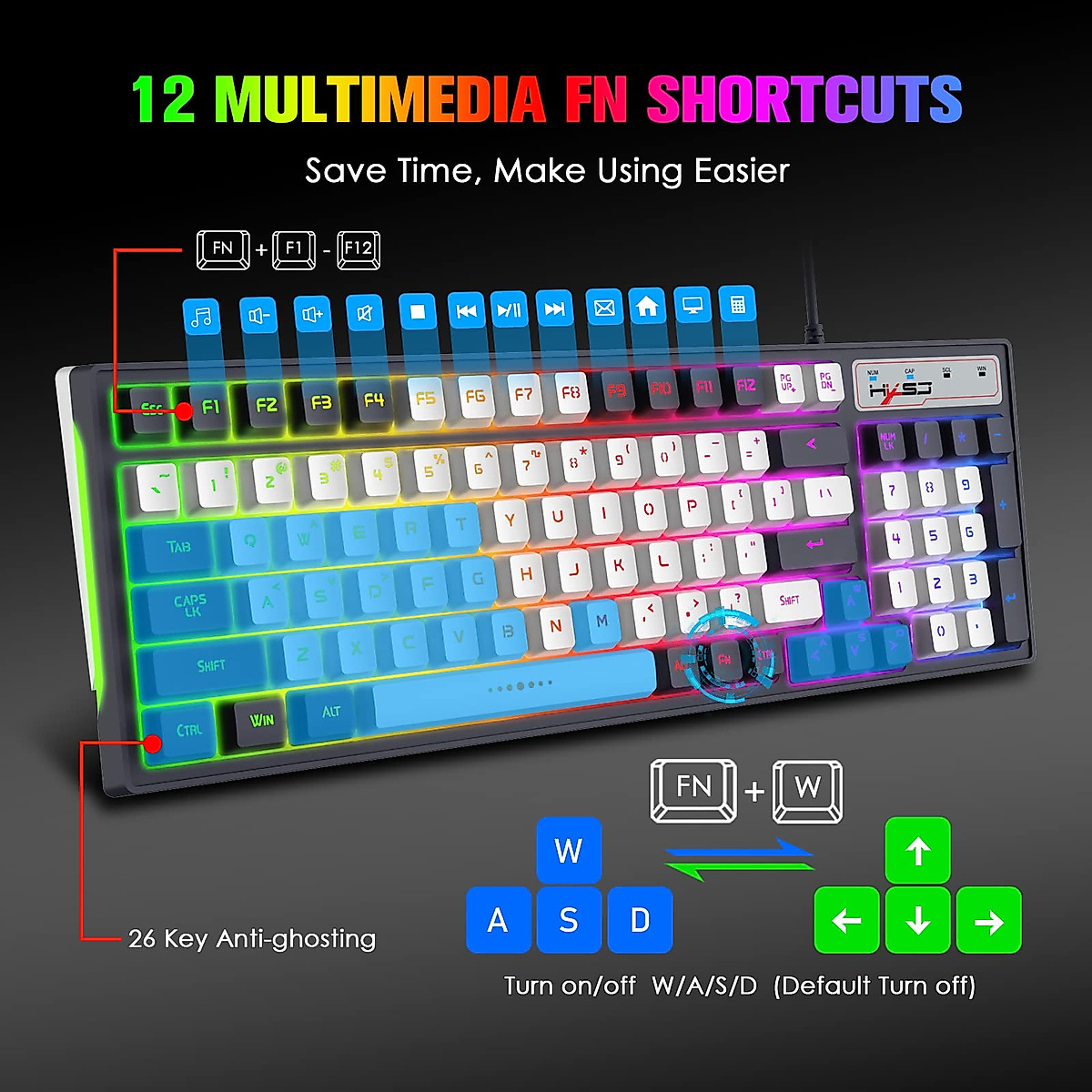 Wired RGB Gaming Keyboard and Mouse Combo with Multi Rainbow LED Backlight Ergonomic 96Key Layout 26Key Anti-ghosting Mechanical Feel Adjustable 3600DPI Mice Mouse Pad for PC Mac Gamer Typists(White)