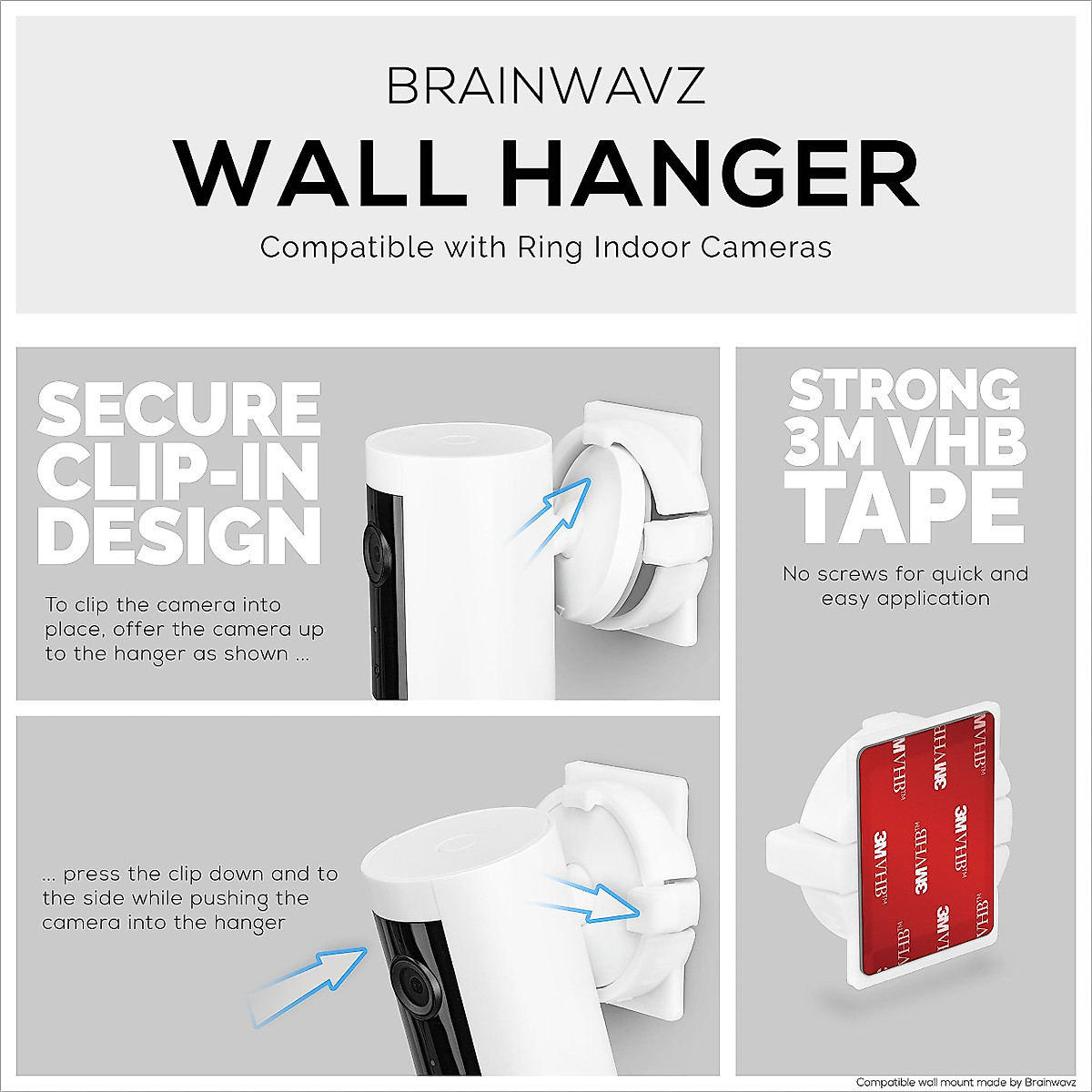 BRAINWAVZ [EOL] Screwless Wall Mount for Ring Indoor Cam, VHB Stick On - Easy to Install, No Tools Needed, No Mess, No Drilling, Strong Adhesive Mount, White [EOL]