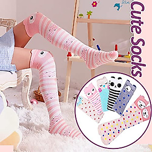 MOGGEI Kids Girls Knee High Socks Gift Long Crazy Silly Tall Funny Boot Cute Animal Child Fun Gift Stocking Stuffer Socks 6 Pairs Girls Socks(Animal A)