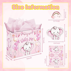 16" Large Baby Girl Gift Bag for Girl, 3D Making Pink Elephant Theme Baby Gift Bag with Tissue Paper and Greeting Card