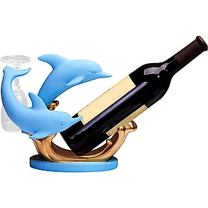 Kelendle Dolphin Wine Bottle Holder with Glass Storage Resin Tabletop Wine Storage Rack Decorative Wine Bottle Didplay Stand Shelf for Kitchen Bar Cabinets Decoration Blue